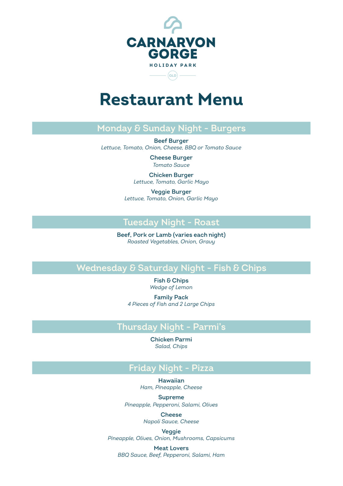 Restaurant Menu - BIG4 Carnarvon Gorge Holiday Park